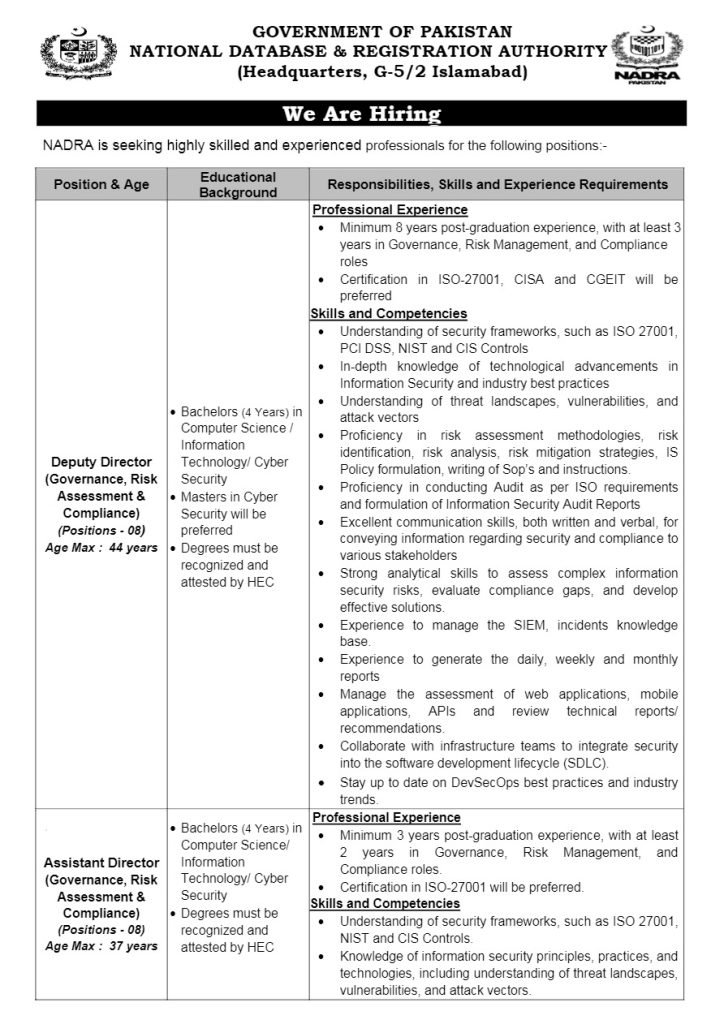 Latest NADRA Vacancies In Pakistan for IT Professionals November 2024