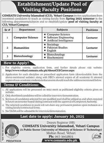 Comsats University Islamabad Vehari Campus January 2025 Advertisement