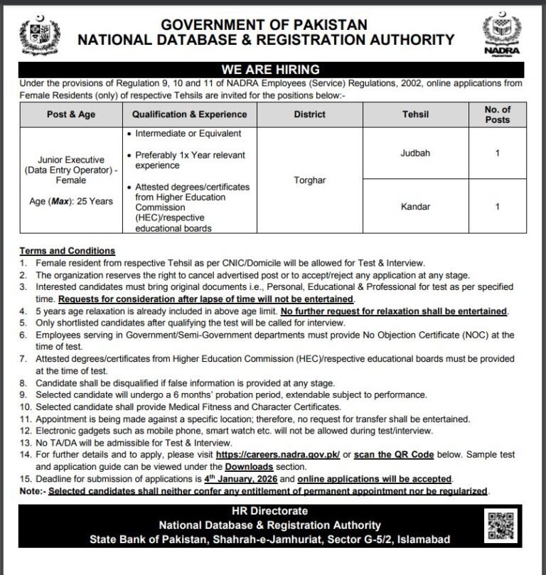 Nadra Jobs in Peshawar Region January 2026 Apply Online