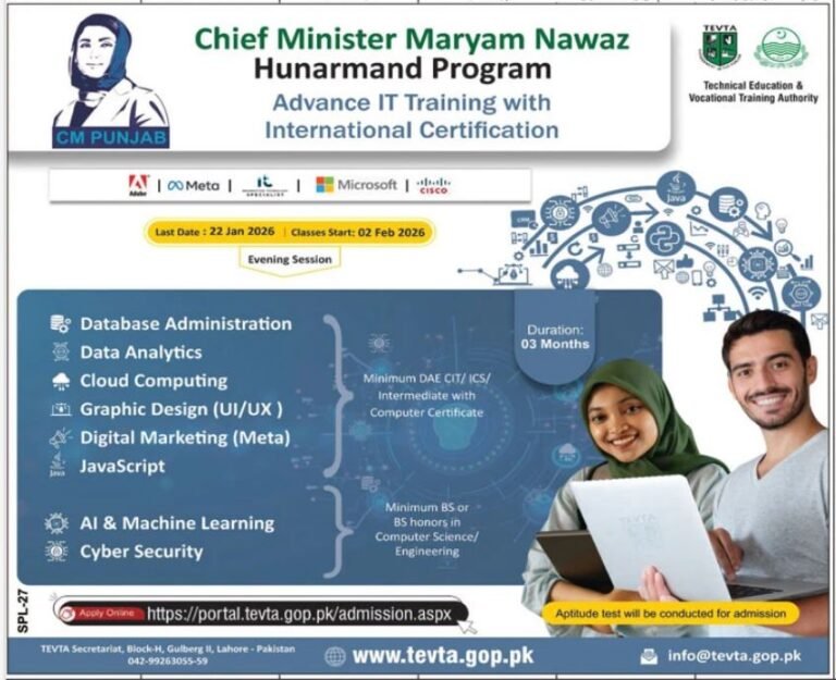 CM Punjab Maryam Nawaz Hunarmand Program Free IT Courses January 2026