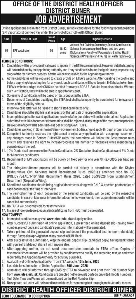 EPI Vaccinator Jobs in Health Department Buner June 2026