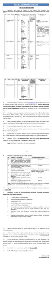 Military Engineering Services MES Jobs in Pakistan June 2026