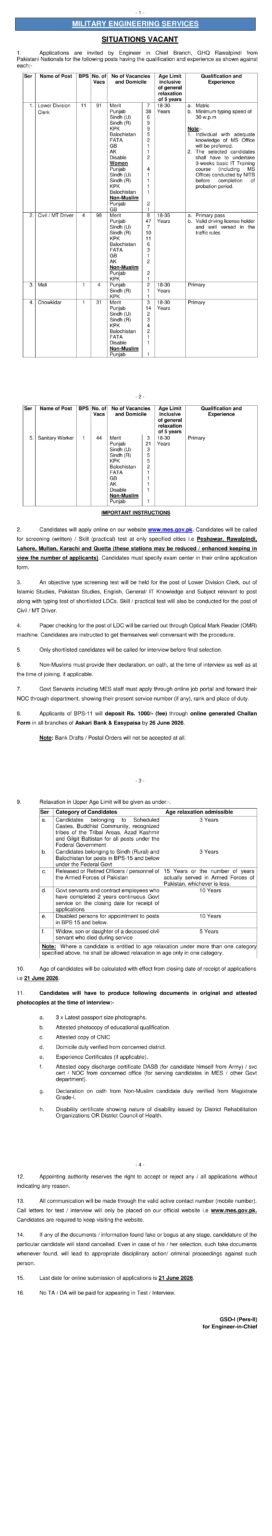 Military Engineering Services MES Jobs in Pakistan June 2026