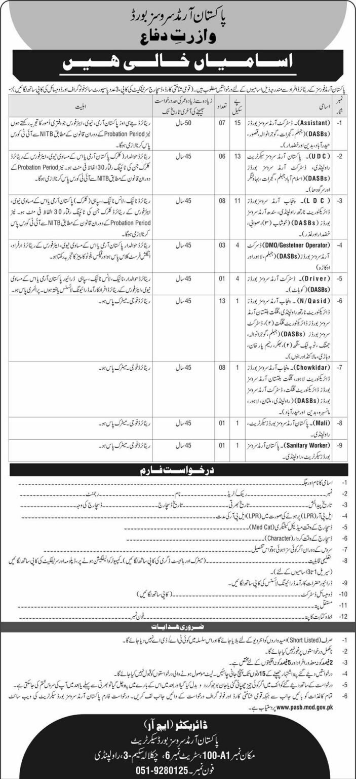 Pakistan Armed Services Board PASB Ministry of Defence jobs for Army ...