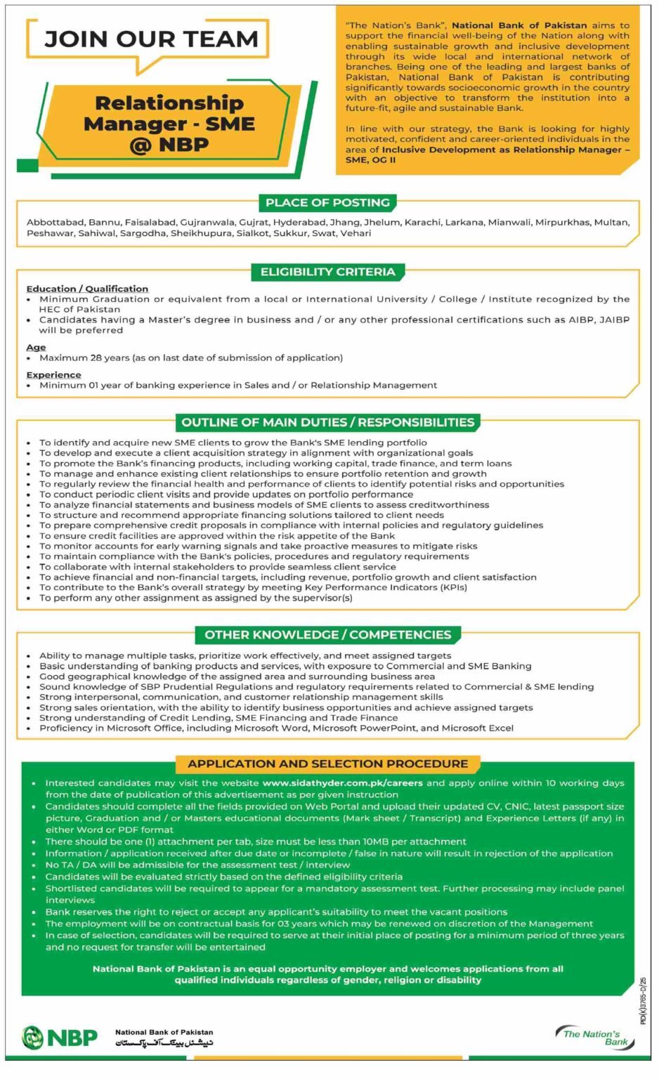 National Bank of Pakistan Jobs 2026 – Relationship Manager SME (OG-II)