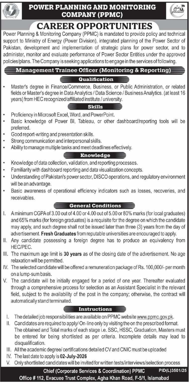 Power Planning & Monitoring Company PPMC Jobs in Islamabad June 2026